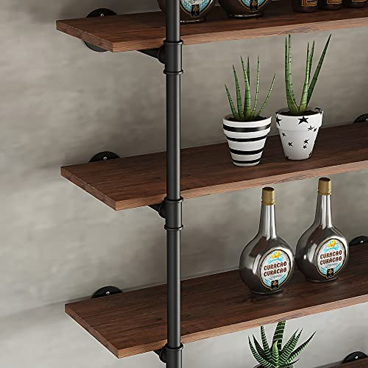 LBSLMJB Industrial Iron Pipe Shelving 5-Story Rustic Black DIY Open Pipe Shelves with Wood Planks Bookshelf, Wall Mount Hanging Steampunk Storage Office Room Kitchen Shelves