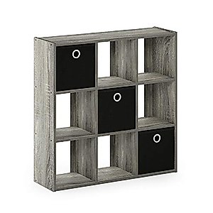 Furinno 13207GY/BK Simplistic 9-Cube Organizer with Bins, French Oak Grey/Black