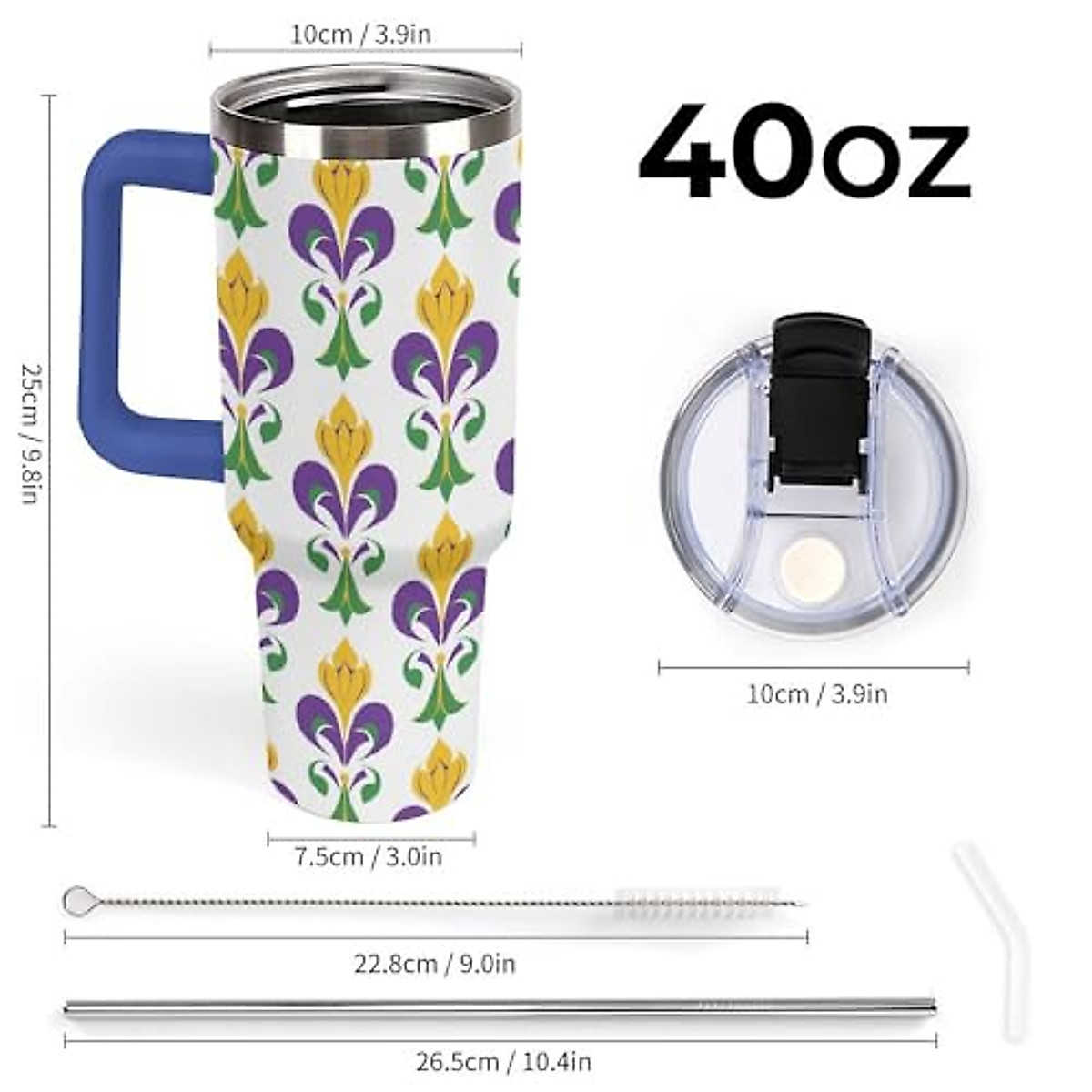 Mardies Grass De Lis 40 Oz Tumbler Insulated Stainless Steel Water Bottle Travel Mug Car Cup with Handle And Straw