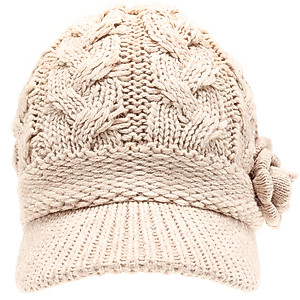 MIRMARU Women’s Knitted Newsboy Hat Double Layer Visor Beanie Cap with Soft Warm Fleece Lining(Cable Knit with Flower-Oatmeal)