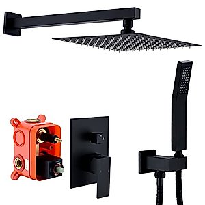 HANEBATH Matte Black Shower Faucet Set Complete with 10 Inch Rainfall Shower Head, Wall Mounted Shower Fixtures with Valve and Trim Kit