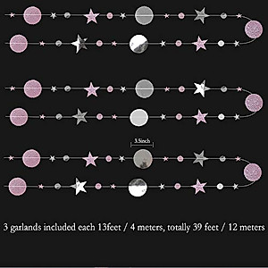 Glitter Pink Silver Circle Dot Garland Twinkle Little Star Decoration Polka Dots Streamer Backdrop Banner Girls Birthday Party Decor/Baby Shower/Wedding/Engagement/Anniversary/Sweet 16/Bridal Shower