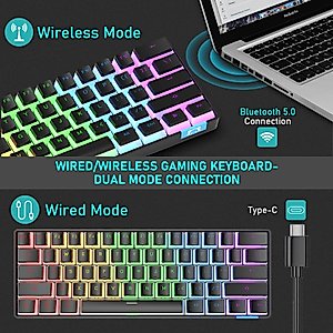 Mini Wireless 60% Dual Mode BT5.0/USB-C Wired Mechanical Gaming Keyboard with Pudding Keycaps Rainbow Backlit Ergonomic Rechargeable Anti-ghosting 61Key for PC Typist Mac Gamer(Black PBT/Red Switch)