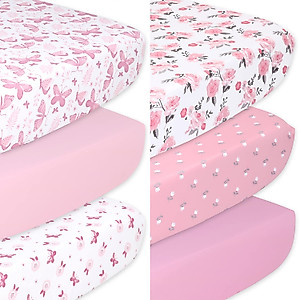 The Peanutshell Pink Butterfly and Floral Fitted Crib Sheets for Girls, 6 Pack
