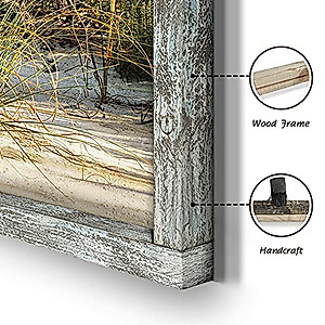 Beach Picture Wooden Artwork Framed: Coastline Wall Art Seascape Wall Decor Ocean Scene Art Prints for Bedroom 32"x24"