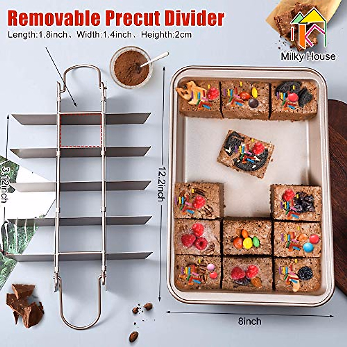 Brownie Pans with Dividers, Non Stick Brownie Baking Pans, Baking Pan with Built-in Slicers Solutions, 18 Pre-Cut Brownie Pans, Rectangular Cake Pans Square Molds for Oven Baking Bread, 12 by 8 inches