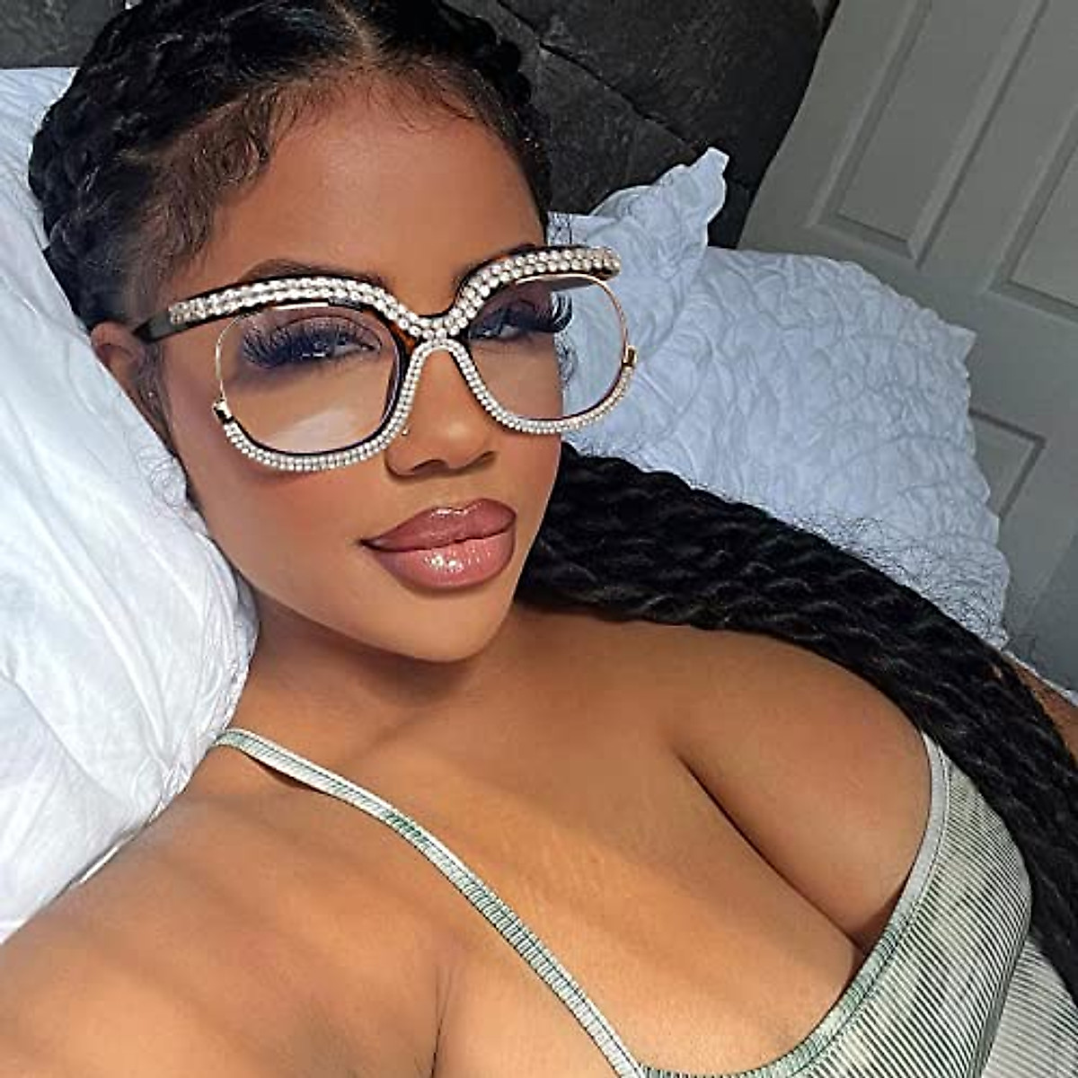 Rmerom Blue Light Blocking Oversized Glasses Stylish Fake Round Eyeglasses for Women UV400 Protection Eyewear GVA9051 (Leopard/Anti-blue/W Diamond)