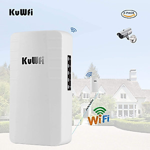 KuWFi Wireless WiFi Bridge Outdoor CPE Kit Point to Point 2.4G 300Mbps Waterproof Long Range WiFi Extender with Ethernet Port