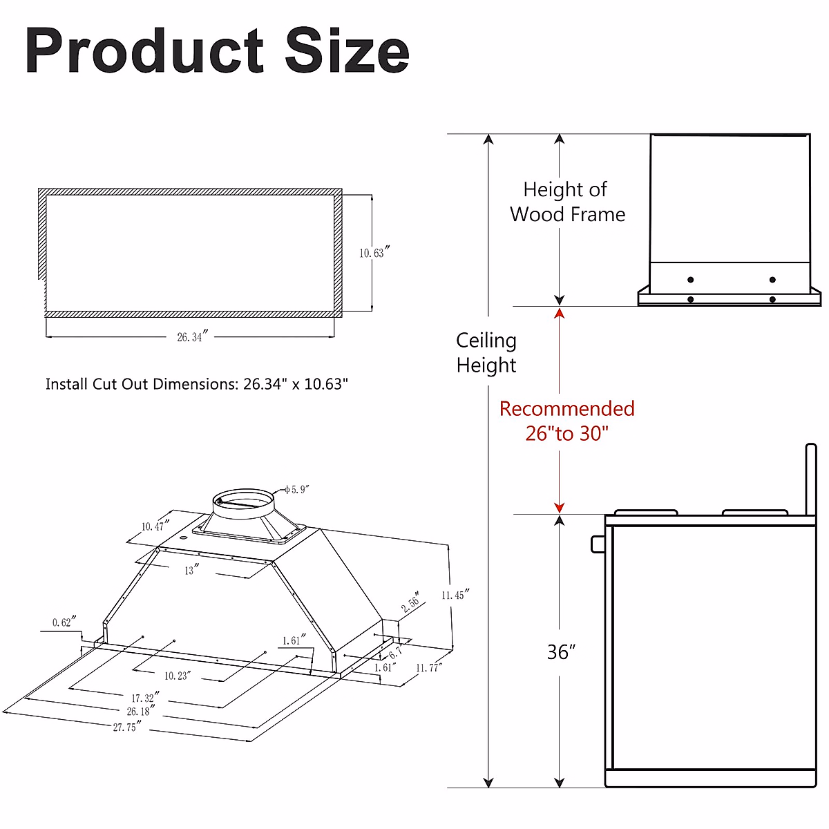 HisoHu Insert Range Hood 30 Inch / 36 Inch, 900 CFM with Ducted Convertible Ductless(Kit Included), Stainless Stee Kitchen Vent Hood with 4 Speed Exhaust(30'', Black)