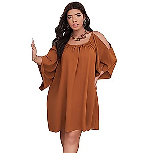 SOLY HUX Women Plus Size Summer Dress Cold Shoulder Short Sleeve Casual Loose Short Dresses Brown 1XL