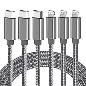 Novtech USB C to Lightning Cable 6FT [MFi Certified] 3 Pack 3A Super Fast iPhone Charger, Rapid Braided Type C Charging Cord for iPhone 14 13 12 11 Pro Max Plus Mini XR XS X 8 iPad Airpods, Gray