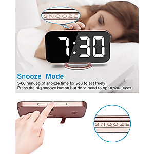 Digital Alarm Clock,7 Inch LED Mirrored Large Display, with Dual USB Charger Ports,Auto Dim,Snooze Function,Modern Desk Wall Electronic Clocks for Bedroom Living Room Office - Rose Gold