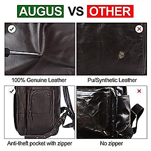 Augus Leather Backpack for Men, 15.6 Inches Vintage Laptop Bookbag for Women Leather Backpack Waterproof Purse College School Bookbag Travel Daypack