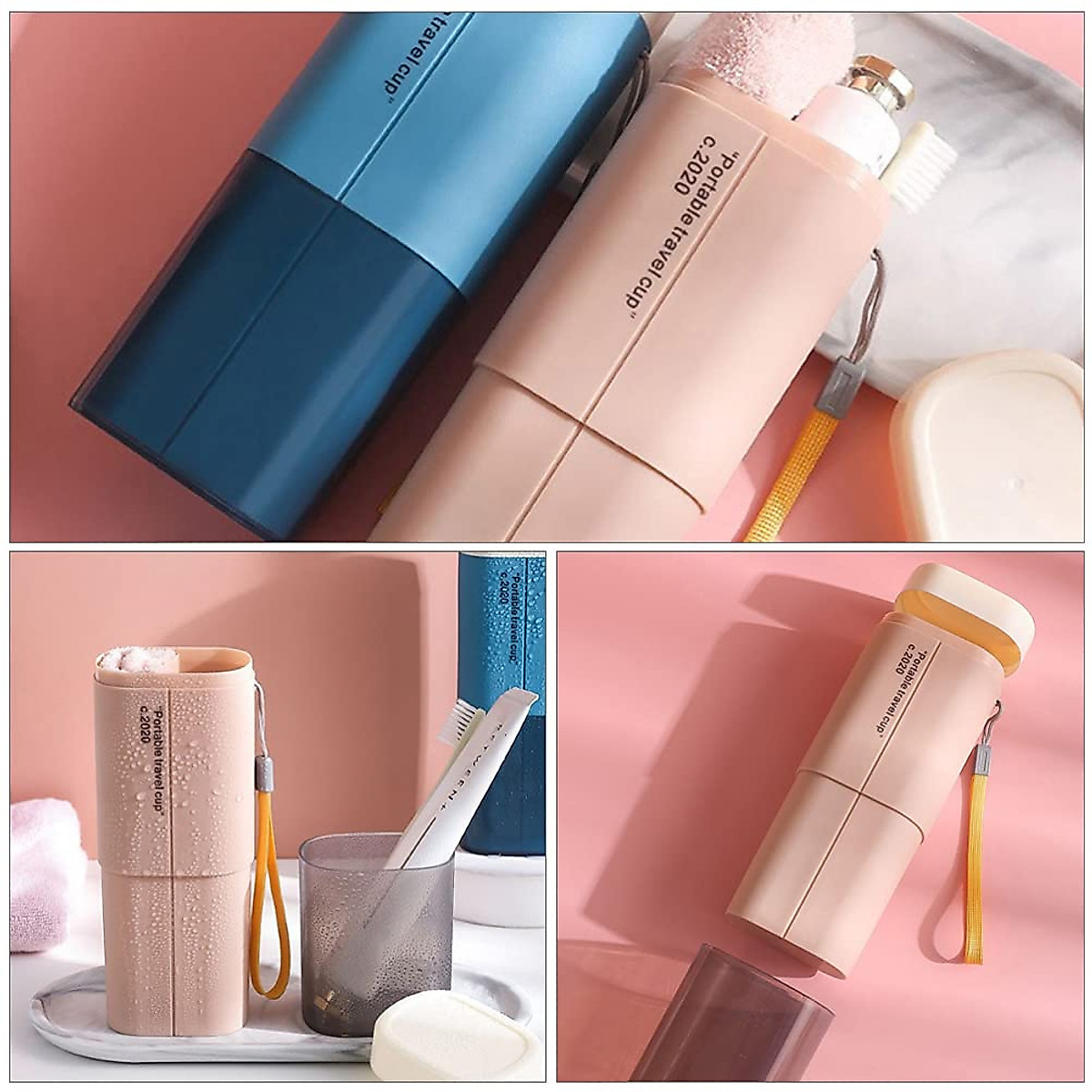 2pcs Travel Toothbrush Cases Plastic 2 in 1 Toothpaste Toothbrush Holder Gargle Cup Toothbrush Storage Box with Handle for Outdoor Camping Trip Pink