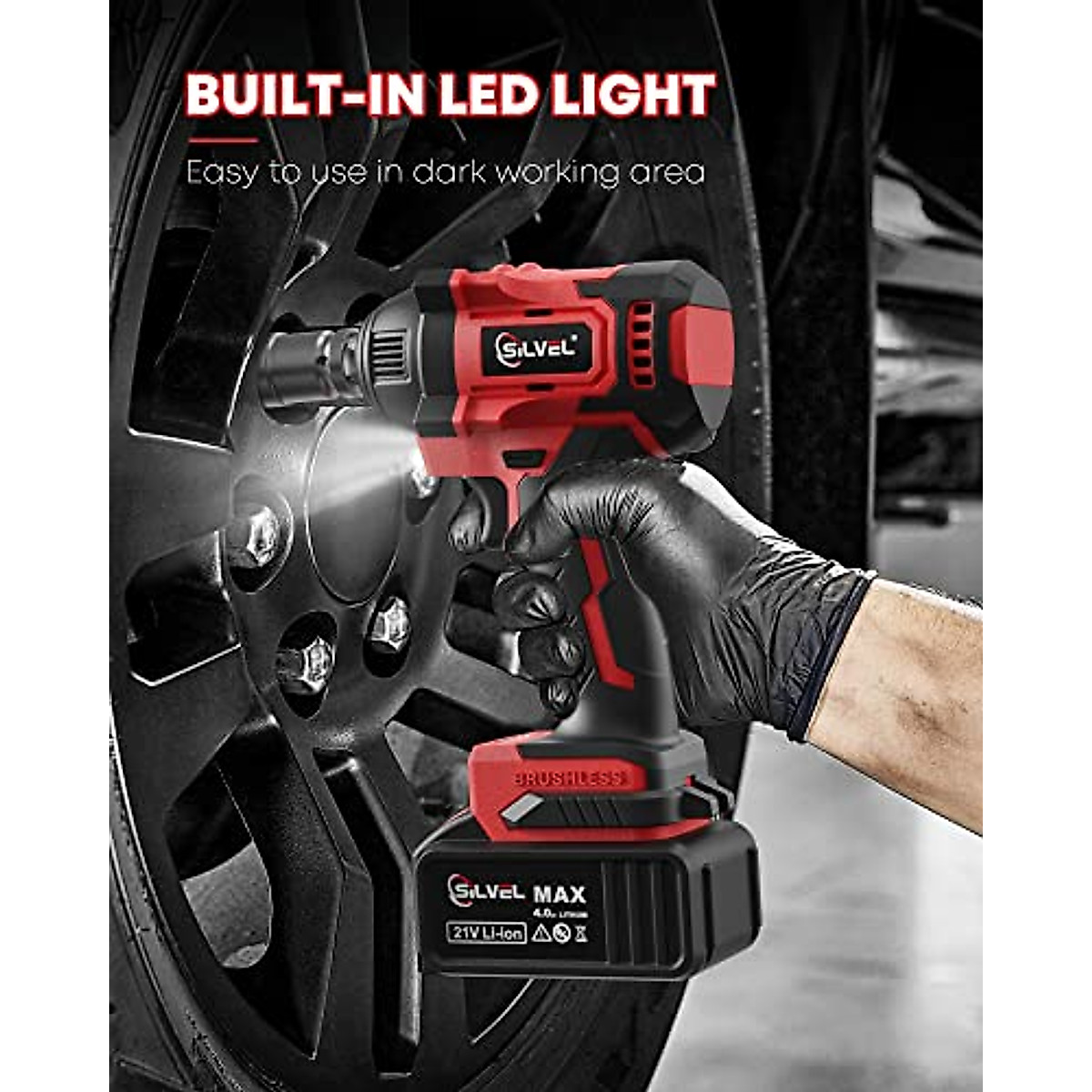 SILVEL Impact Wrench, Cordless Impact Wrench 1/2 inch, Brushless 1/2 Inch Impact Gun, 370 Ft-lbs Max Torque(500N.m), 21V Li-ion Battery, 6Pcs Sockets, Electric Impact Driver