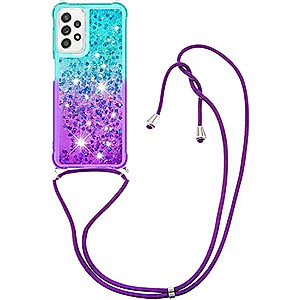 HOUSON for Samsung Galaxy A32 5G Case, Moving Liquid Holographic Sparkle Glitter Case with Crossbody Lanyard Strap, Girls Women Bling Diamond Ring Slim Protective Case for Galaxy A32 5G Purple