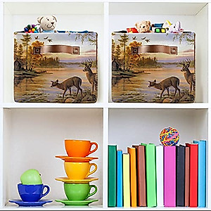 Rectangular Storage Bin Cube Forest Animal Deer Tree River Foldable Organizer Basket with Handles, Collapsible Storage Box for Kids Toy Shelf Closet Nursery