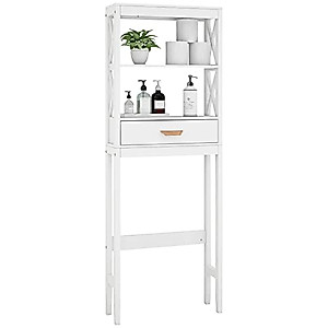 OQSC Bathroom Shelf Over The Toilet X- Frame Bathroom Organizer with 1 Drawer and Open Shelves Bathroom Space Saver(White)