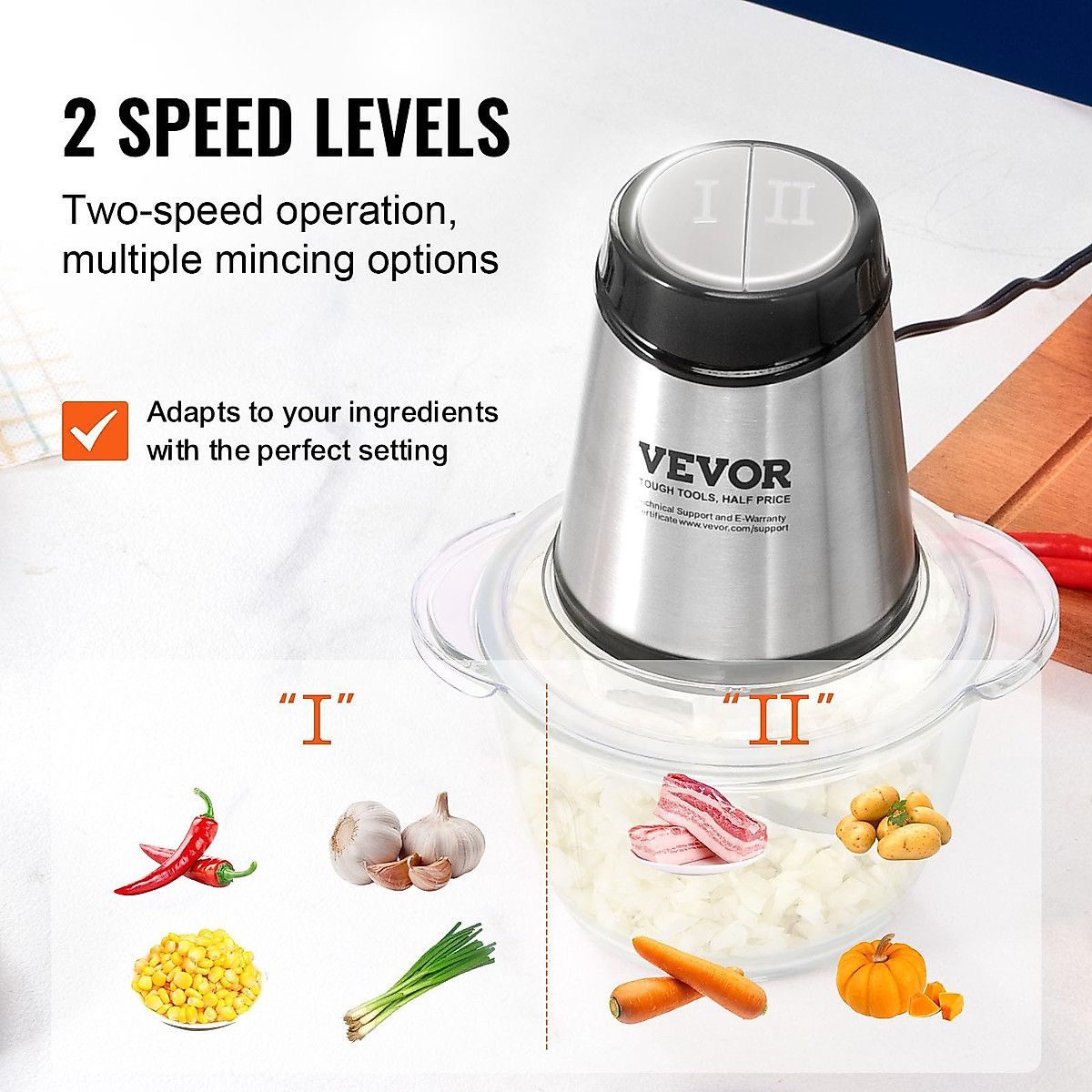 VEVOR Food Processor, Mini Electric Chopper 400W, 2 Speeds Electric Meat Grinder, Stainless Steel Meat Blender, for Baby Food, Meat, Onion, Vegetables, 5 Cup