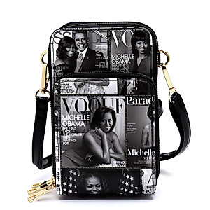 Amy & Joey Magazine Cover Collage Michelle Obama Printed Crossbody Bag Cellphone Purse Wallet (GRAY/BK)