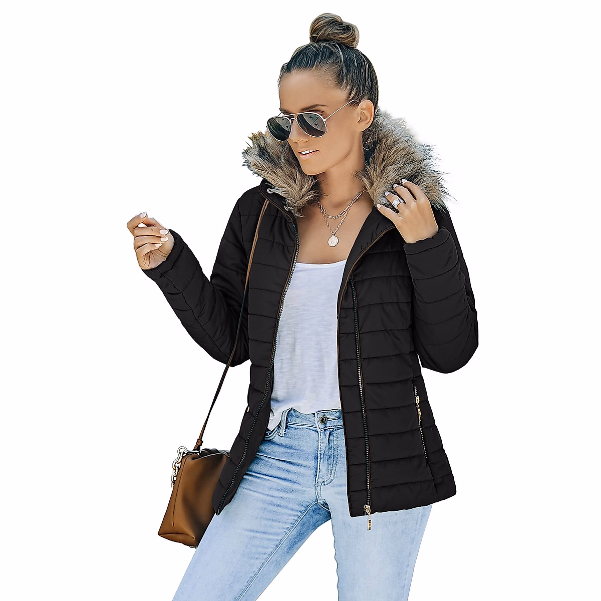 Vetinee Women Casual Faux Fur Lapel Zip Pockets Quilted Parka Jacket Puffer Coat Coatigan Jackets for Women Black Large (Fits US 12-US 14)