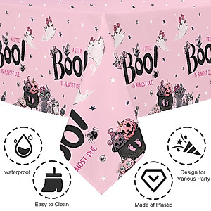MEHOFOND 3 PCS Pink Halloween Baby Shower Plastic Tablecloths, Little Boo Baby Shower Disposable Table Cover Decorations, a Little Boo is Almost Due Disposable Tablecloth, Halloween Desk Party Decor