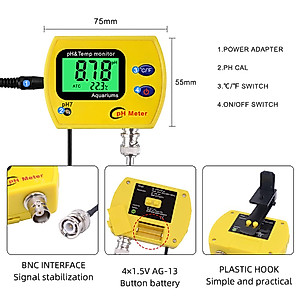 YIFAN pH Meter 0~14 pH Meter for Water, 2 in 1 ph Temperature Meter and Water Quality Tester with Automatic Calibration Function, Suitable for Hydroponics Aquarium Laboratory Lab Testing etc