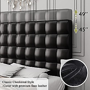 Feonase Queen Bed Frame with Square Stitched Headboard, Faux Leather Upholstered Platform Bed Frame, High-Density Sponge Filled, Solid Wood Slats, No Box Spring Needed, Noise-Free, Black