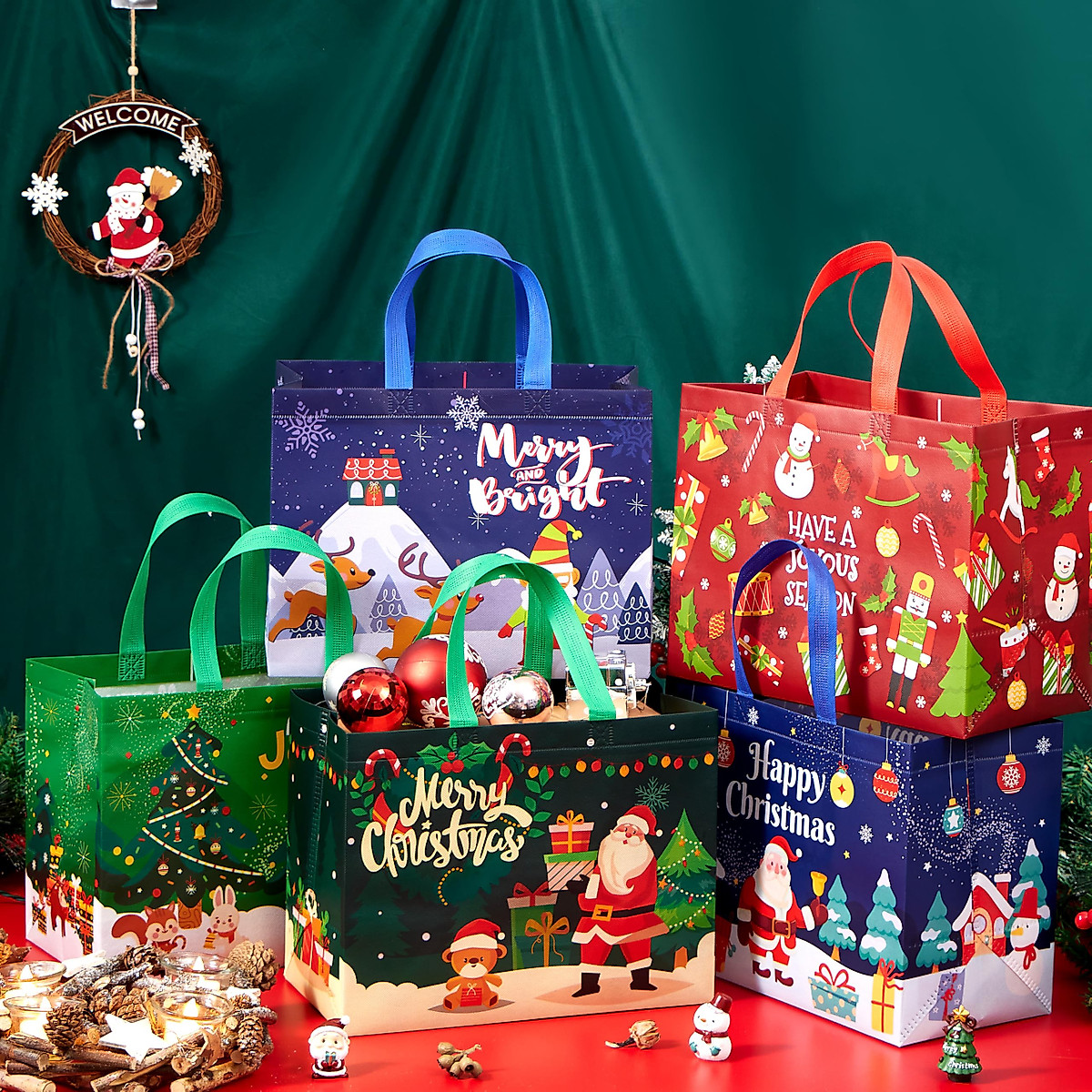 JOYIN Christmas 12 PCS Tote Bags Large Size 12.8"*9.8" Gift Bags for Xmas Party. Holiday Reusable Grocery Bags Bulk With Handles as Goodie Bags, Party Supplies Bags, Party Favor Shopping Bags.