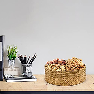 YIFANZHIBIAN Seagrass Storage Basket，Eco-friendly Wicker Basket with Lid，Woven Water Hyacinth Basket，Handmade and Natural Rattan Baskets with 4 Sections for Living Room（Round, Yellow Color）