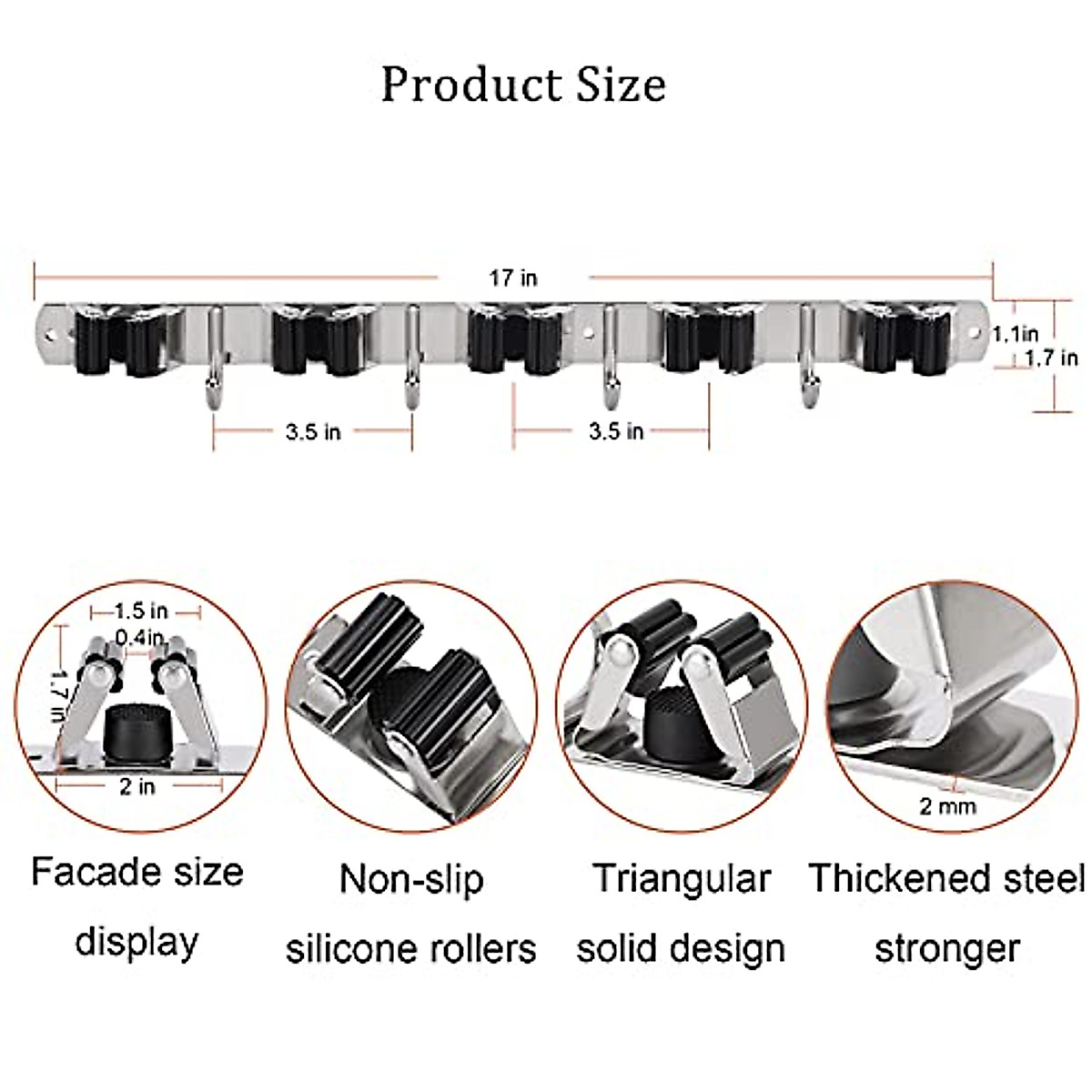 Mop Broom Holder Wall Mounted,Heavy Duty Mop and Broom Wall Mount Stainless Steel with 5 Racks 4 Hooks for Laundry Room, Home, Garage, and 1 hook Separated included （Black）