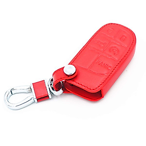 WFMJ Red Leather For Jeep Grand Cherokee Dodge Challenger Charger Dart Durango Journey 5 Buttons Remote Smart Key Holder Chain Cover Case Fob