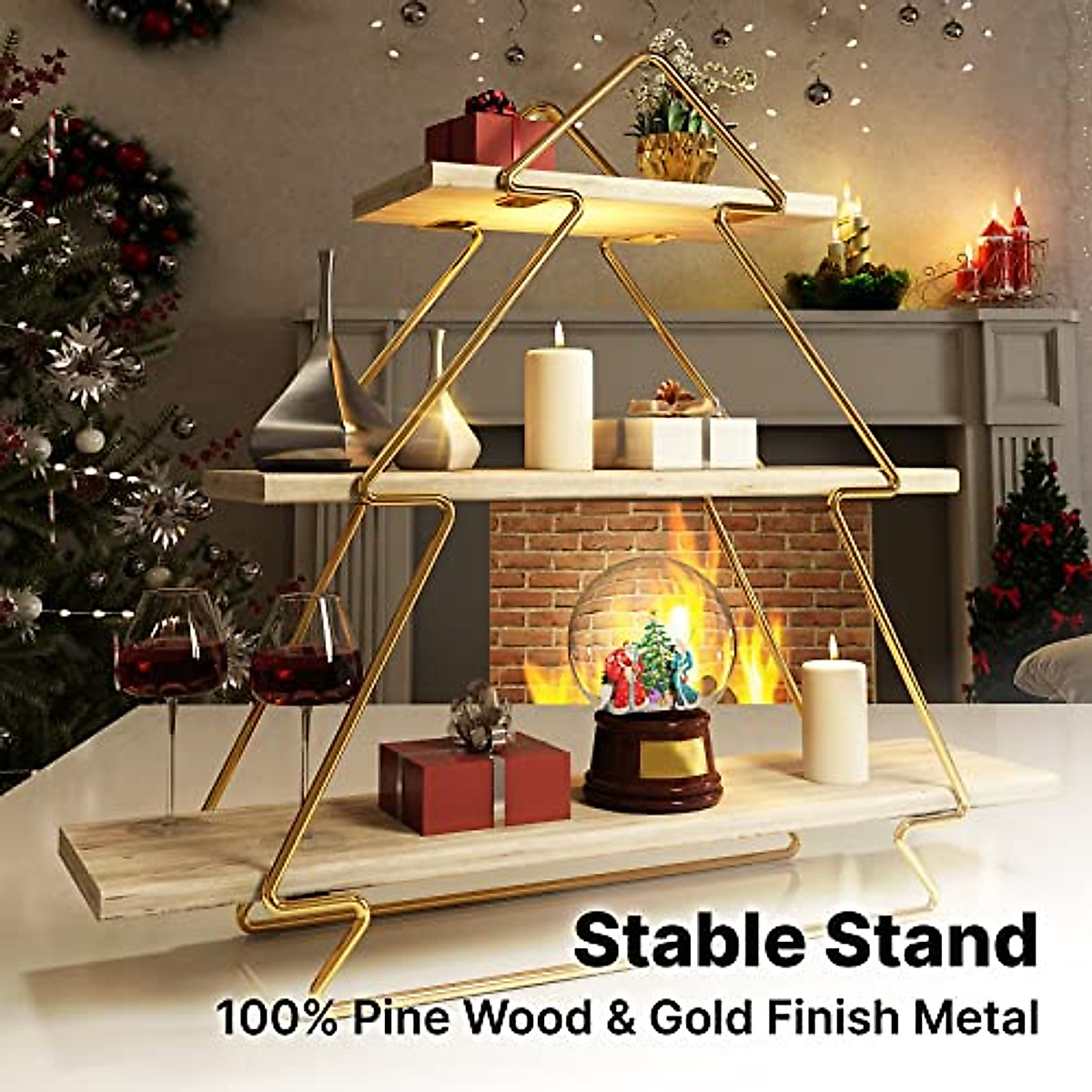 BENOLDY 3 Tier Christmas Tree Gold Stainless Steel Design Floating Shelf - Luxury Pine Wood Shelves, Modern Wall Rack for Bedroom, Living Room Decor & Multipurpose Organizer Stand