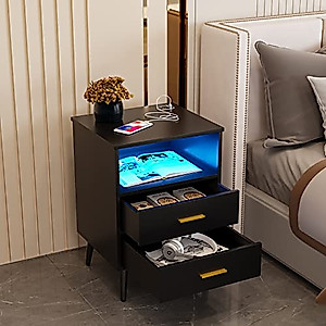 FREDEES Black Nightstand with LED Lights&2 USB Charging Station,Bedside Table with 2 Drawer&Open Storage Shelf, Modern Design End Side Table for Living Room,Smart Night Stand with Human Body Induction