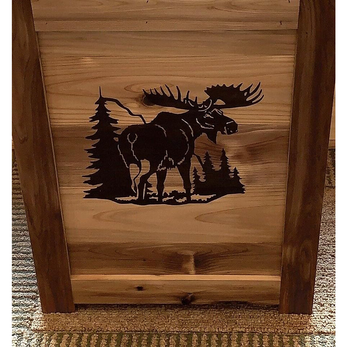 New Rustic Moose Wood Kitchen Trash Bin Garbage Can 33 Gal Cabin Western Decor New Commerial Grade Heavy Duty Swing in lid Upgraded Lid Wonderful