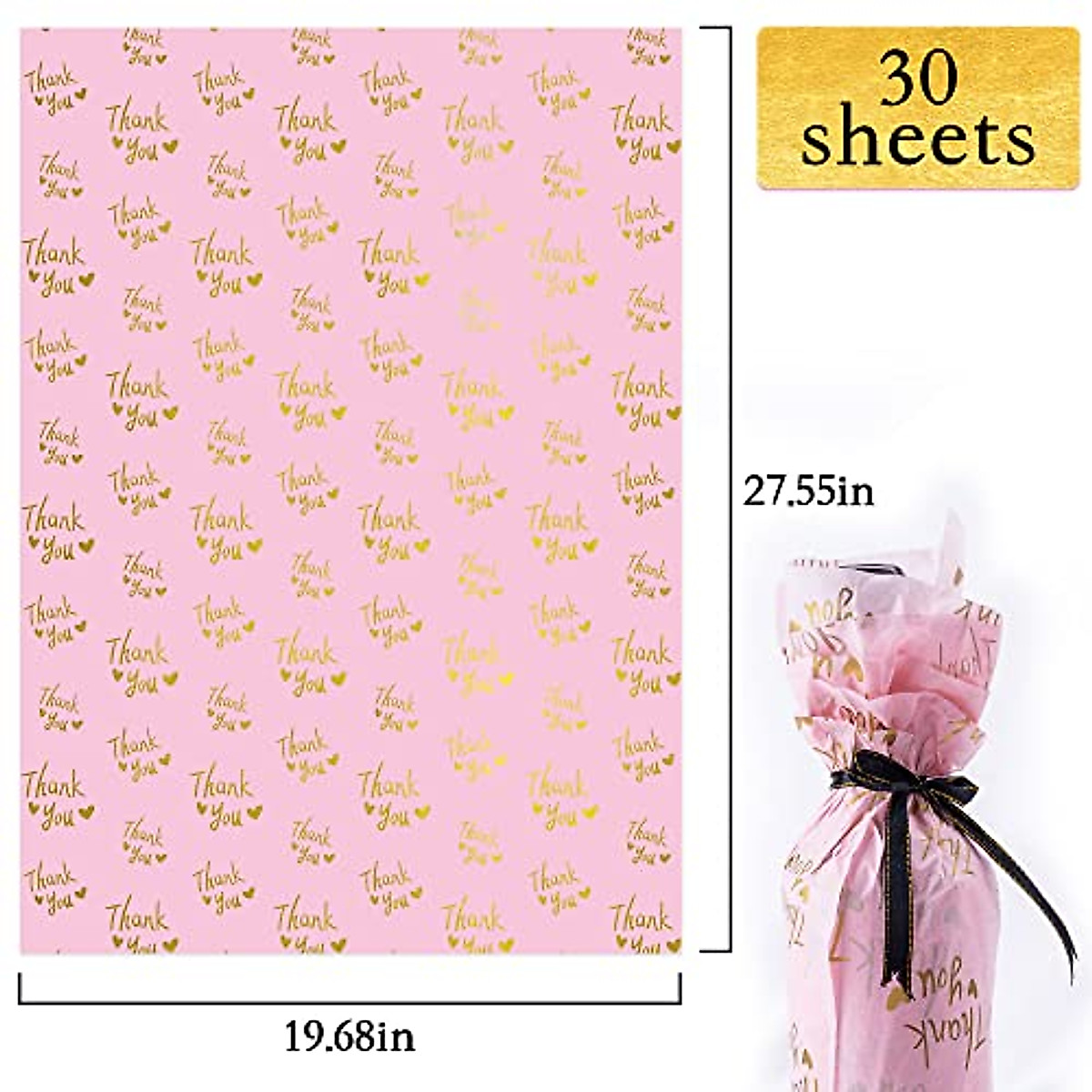MR FIVE 30 Sheets Large Size Gold Thank You Tissue Paper Bulk,20" x 28",Thank You Tissue Paper for Packaging,Gift Bags,Gift Wrapping Tissue Paper for Graduation,Birthday,Party,Thanksgiving (Pink)