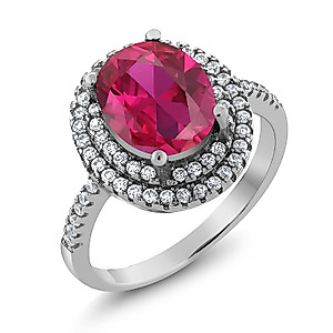 Gem Stone King 3.30 Cttw Red Created Ruby Ring For Women In 925 Sterling Silver | Oval 9X7MM | Available In Size 5, 6, 7, 8, 9