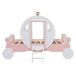 DEINPPA Twin Size Princess Bed with Crown, Wood Carriage Shaped Platform Car Bed with Stair, for Kids Girls Toddler, White+Pink