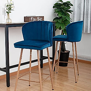 CangLong Velvet Barstools Counter Height Velour Bar Chairs Home Bar Modern Upholstered Side Dining Chairs with Metal Legs for Kitchen Dining Room Restaurant Set of 2,Navy Blue
