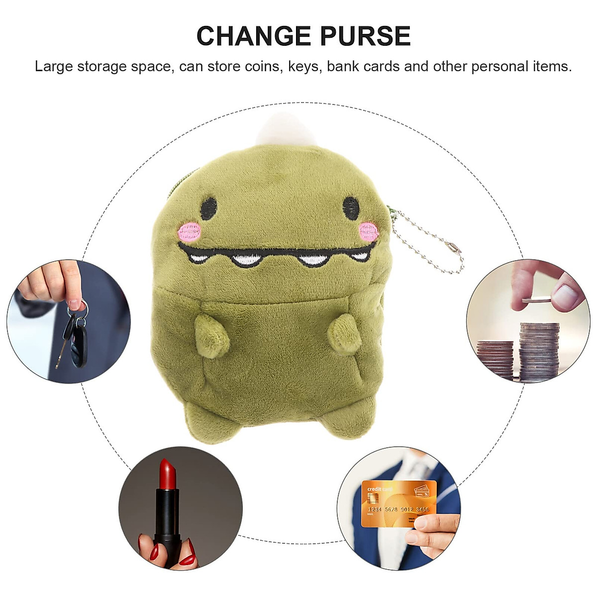FENICAL Dinosaur Plush Coin Purse Fluffy Cute Hand Bag Mini Wallet Card Pouch Zipper Change Phone Holder for Women Girls Kids