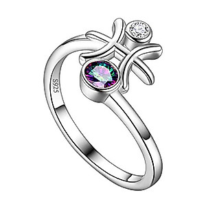 Adjustable Zodiac Sign Pisces Ring Celestial Ring with Mystic Rainbow Stone Ring for Women Boho Ring Genuine Silver February March Birthday Ring Horoscope Wedding Engagement Jewelry Ring FR0036Y