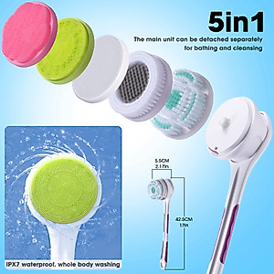 SoulBay Electric Body Brush with 5 Attachments: Rechargeable Back Brush IPX7 Long Handle Exfoliating Spin Scrubber for Shower Bathing Cleansing Wash Deep Cleaning