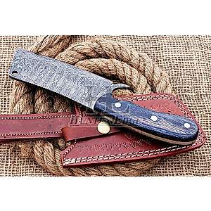 HUNTEX Handmade Hand-Forged Ladder Pattern Damascus Steel 9.5 Inch Long Full Tang Pakka Wood Handle Razor Sharp Hunting Camping Cleaver Knife w/Genuine Leather Sheath