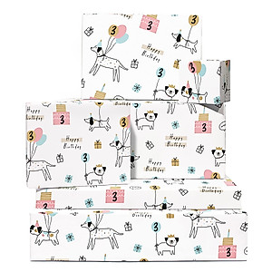 CENTRAL 23 3rd Birthday Wrapping Paper for Kids - 6 Sheets of White Gift Wrap with Tags - Age Three - Dogs Cake Present Balloon - Animal Wrapping Paper Sheet for Kids - Toddler Boys Girls