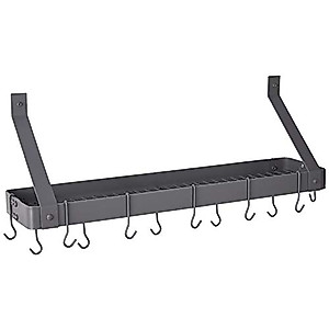 Old Dutch Wall-Mount Bookshelf Pot Rack with Grid & 12 Hooks, Graphite, 36.25" x 9" x 11.5"