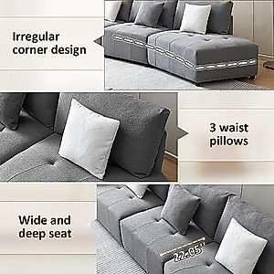 Eafurn 120" Teddy Fleece Curved Chaise Lounge,Free Combination Modular Sectional Set,3 Seater Button Tufted Comfy Sofa & Couches for Living Room Bedroom Apartment with 3 Pillows, Gray