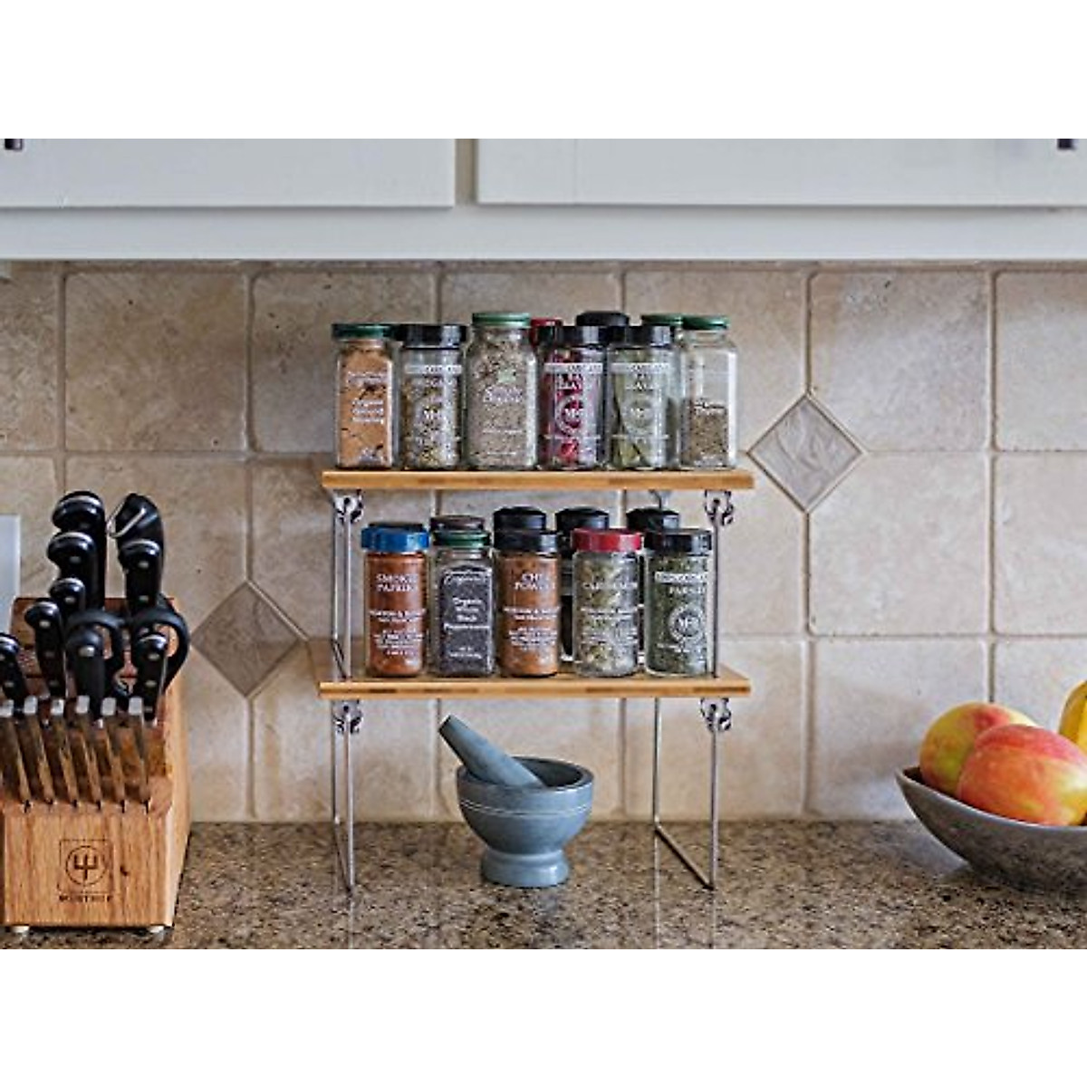 Internet's Best - Stacking Utility Shelf - Bamboo - 2 Shelves - Kitchen Cabinet Closet Organizer and Storage - Small