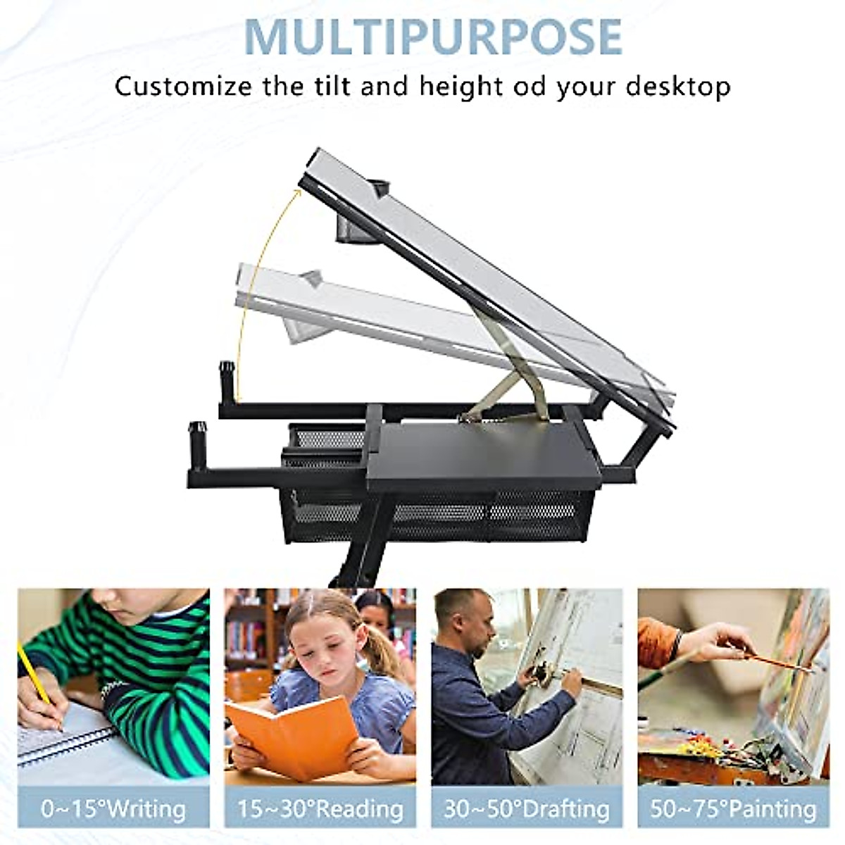 Lamerge Glass Drafting Table with Stool, Drawing Desk for Adults/Artists 2 Storage Drawers,Height Adjustable 0-75° Tilting Home Office, Black (Drafting Table001)