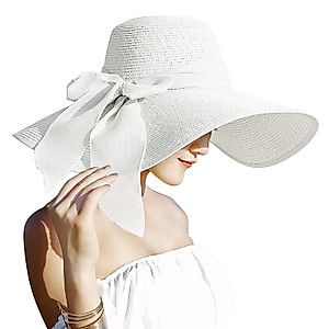 Lanzom Womens 5.5 Inches Big Bowknot Straw Hat Large Floppy Foldable Roll up Beach Cap Sun Hat UPF 50+ Fit Size 6 8/7-7 1/4(White)