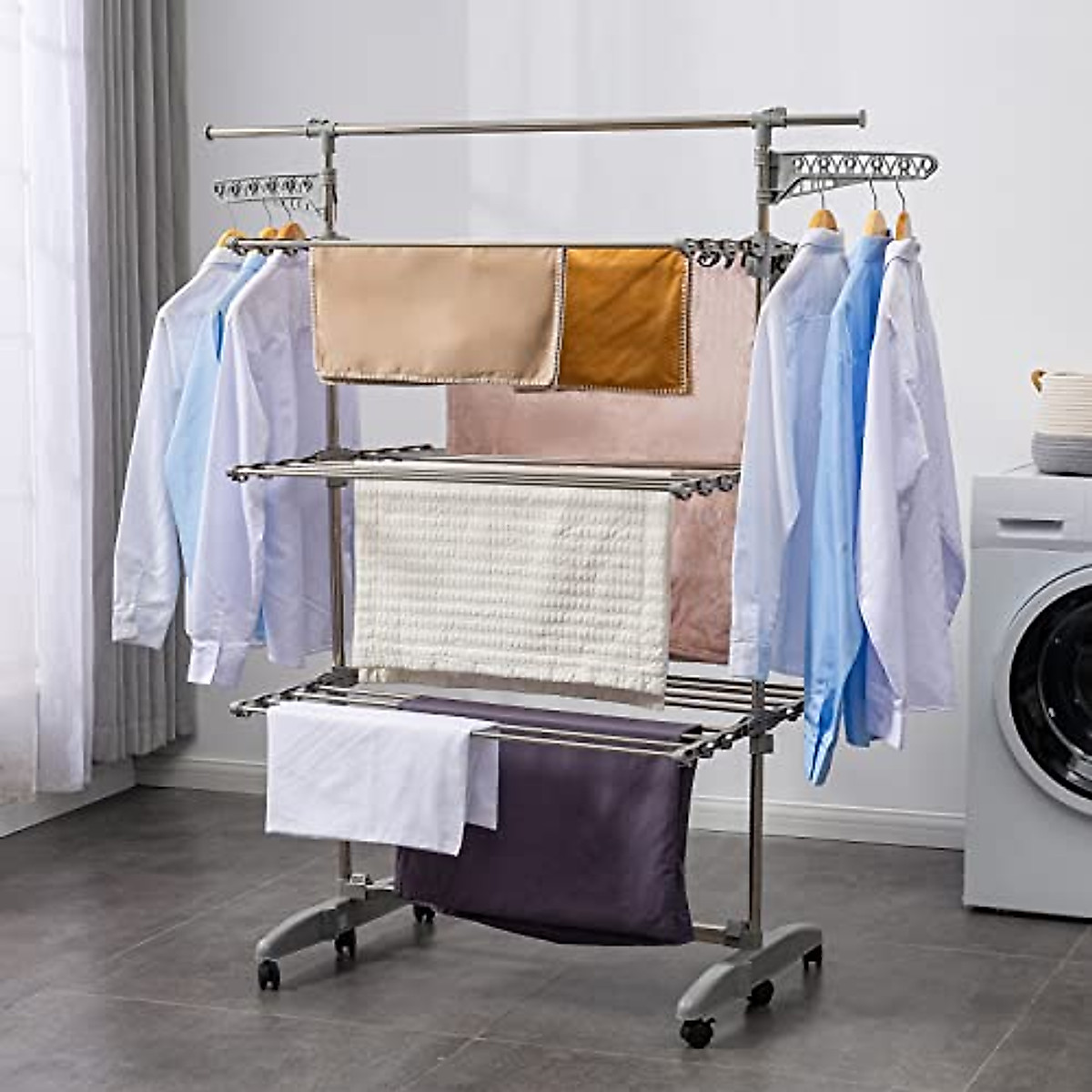 Clothes Drying Rack, 3-Tier Folding Rolling Laundry Drying Rack with Extendable Hanging Rods, Adjustable Wings, Rolling Wheels, Multifunctional Stainless Steel Garment Drying Racks for Indoor Outdoor